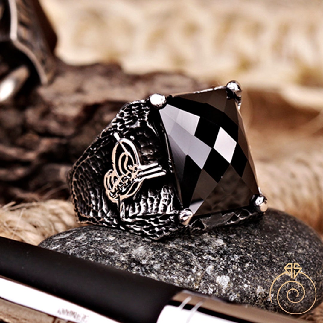 Mens Black Signet Ring, Engraved Sterling Silver Quartz Gemstone ...