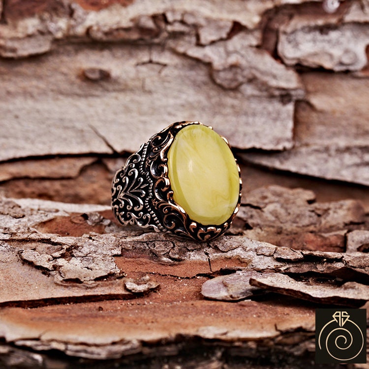 Men's Amber Ring Unique Engraved Sterling Silver Gemstone | Etsy