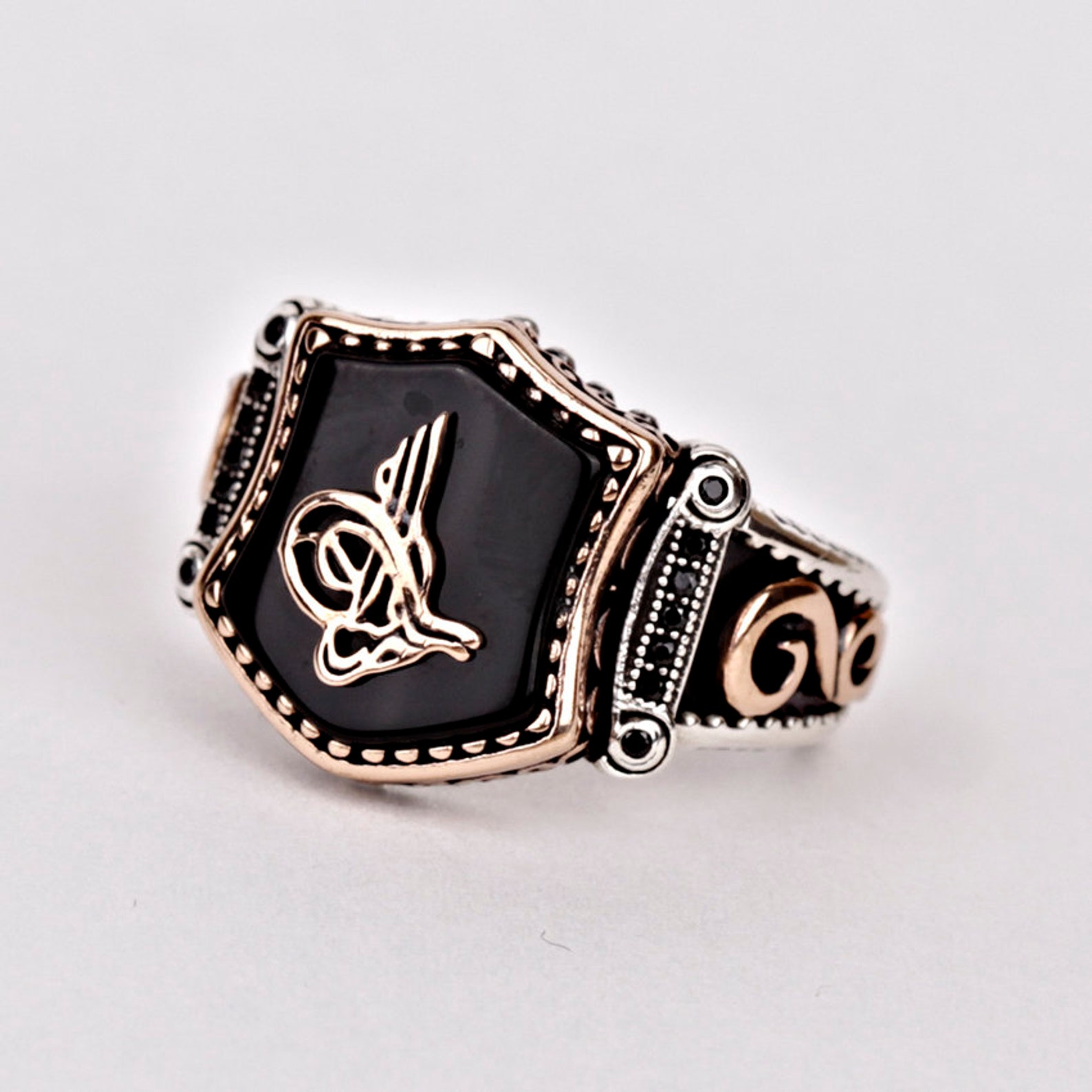 Men’s Black Gemstone Shield Ring, Custom Symbol Onyx Statement Band ...