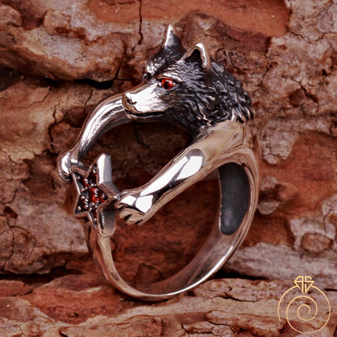 Mens Animal Signet Ring Vintage Wolf Head Jewelry Ruby Stone Handmade ...