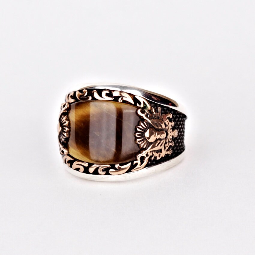 Mens Brown Tiger Eye Wedding Band Vintage Heraldic Sterling | Etsy