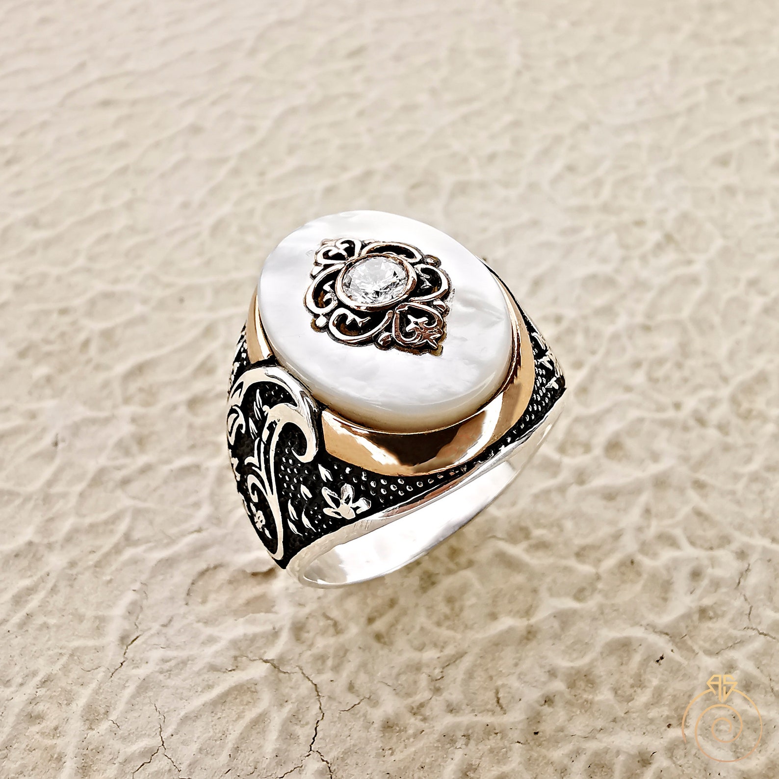Men’s White Gemstone Cocktail Ring, Custom Sterling Silver Mother of ...