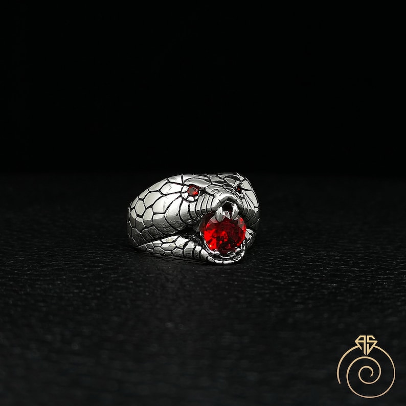 Mens Snake Head Ring Cobra Design Silver Fancy Animal Signet Ruby Cool ...