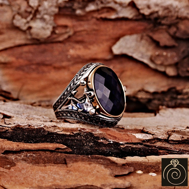 Mens Sapphire Seaman Silver Nautical Engagement Ring Maritime | Etsy