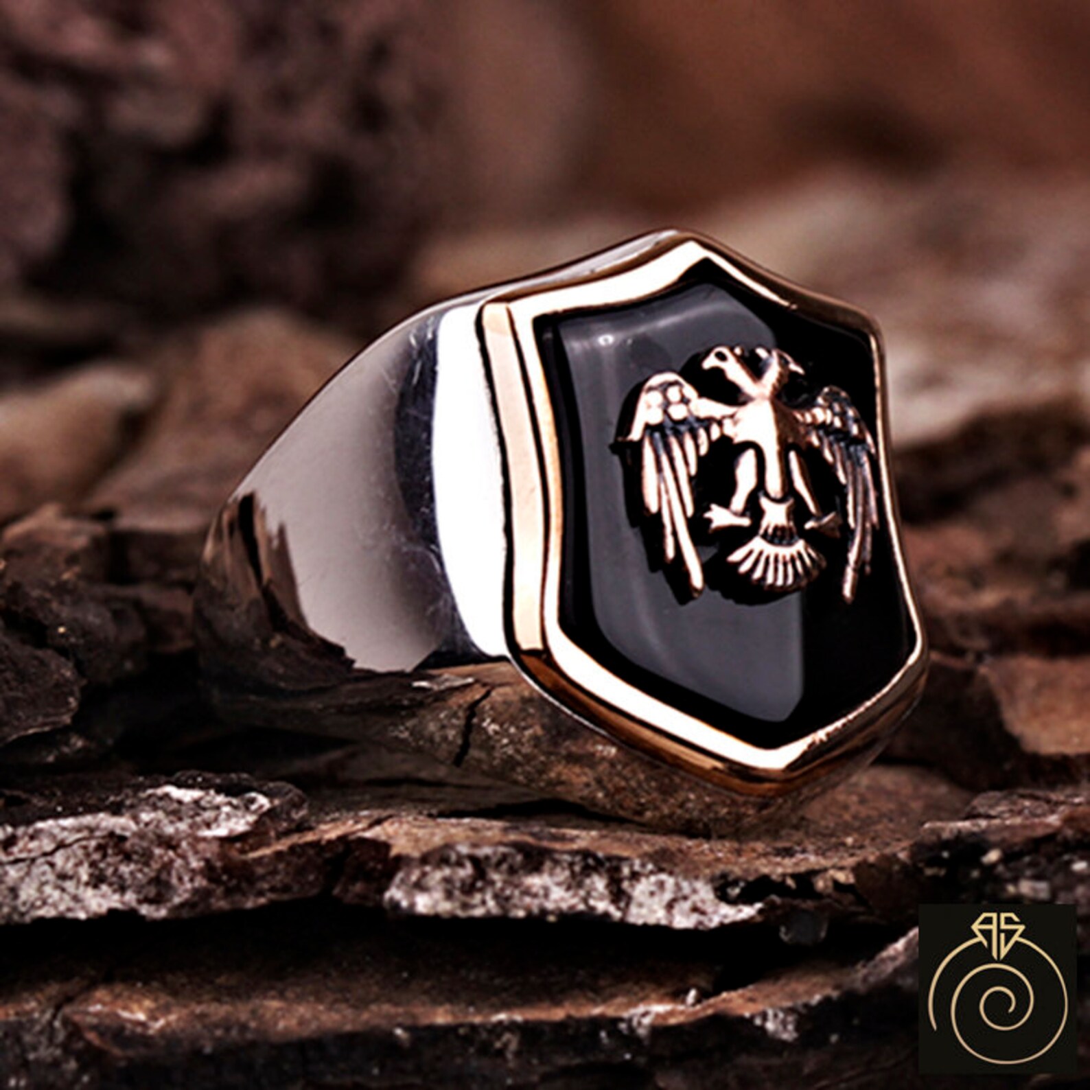 Mens Mason Ring Double Headed Eagle Coat Arms Shield Ring for - Etsy