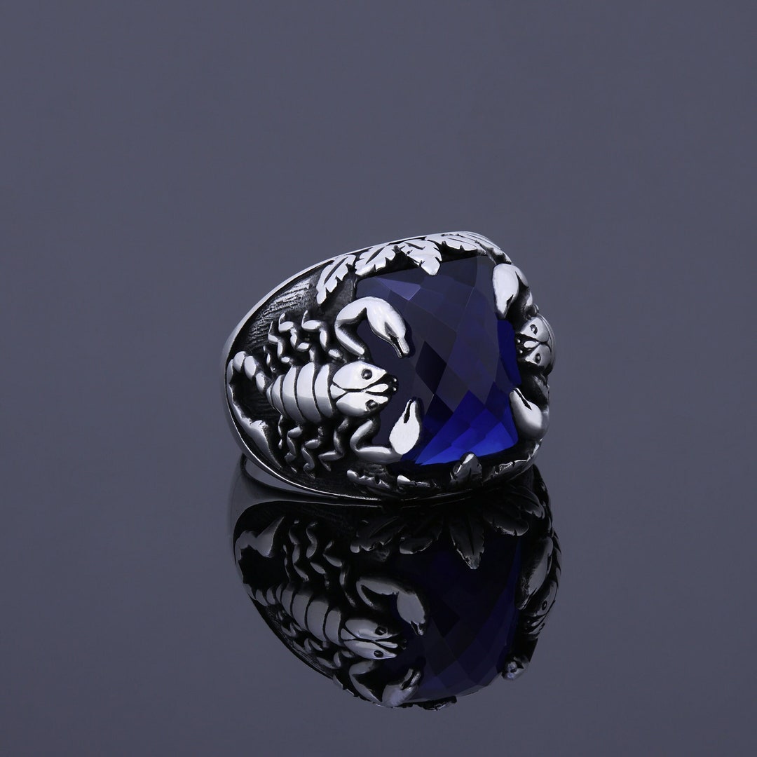 Men's Scorpion Signet Ring, Vintage Silver Blue Stone Scorpion Wedding ...