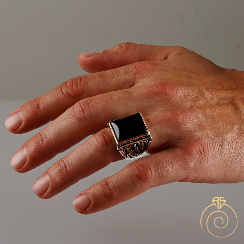 Mens Black Onyx Rectangle Ring Unique Engraved Cool Silver - Etsy