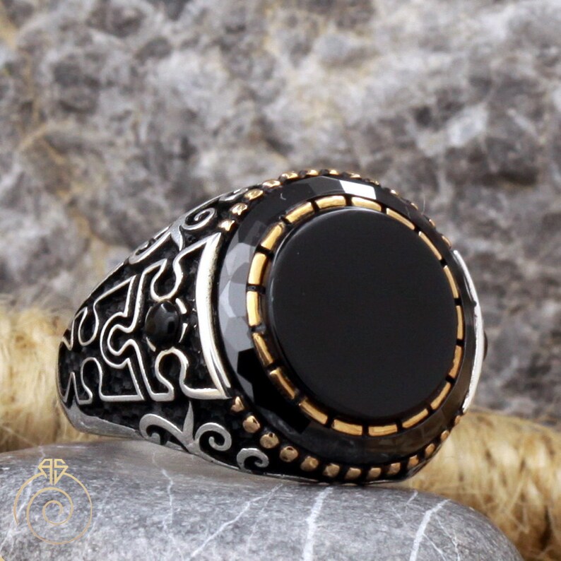 Mens Ring Onyx Black Round Stone Mens Wedding Ring, Togetherness Symbol ...