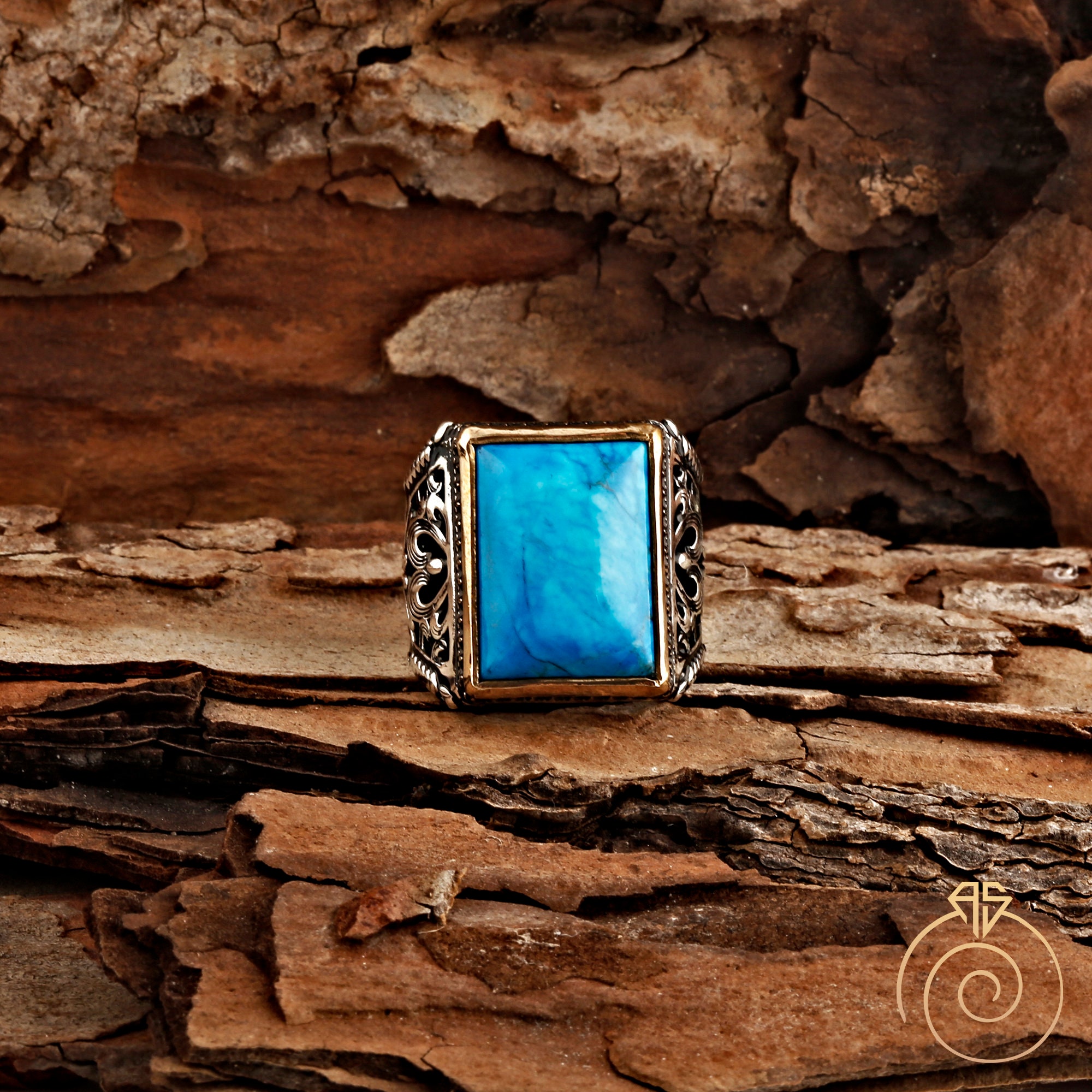 Mens Rectangle Turquoise Ring Huge Silver Vintage Rings For | Etsy