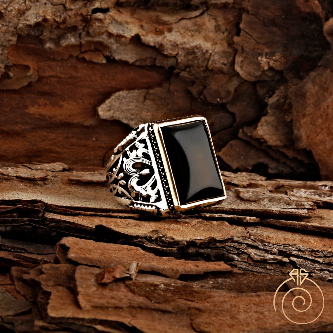 Mens Black Onyx Rectangle Ring Unique Engraved Cool Silver - Etsy