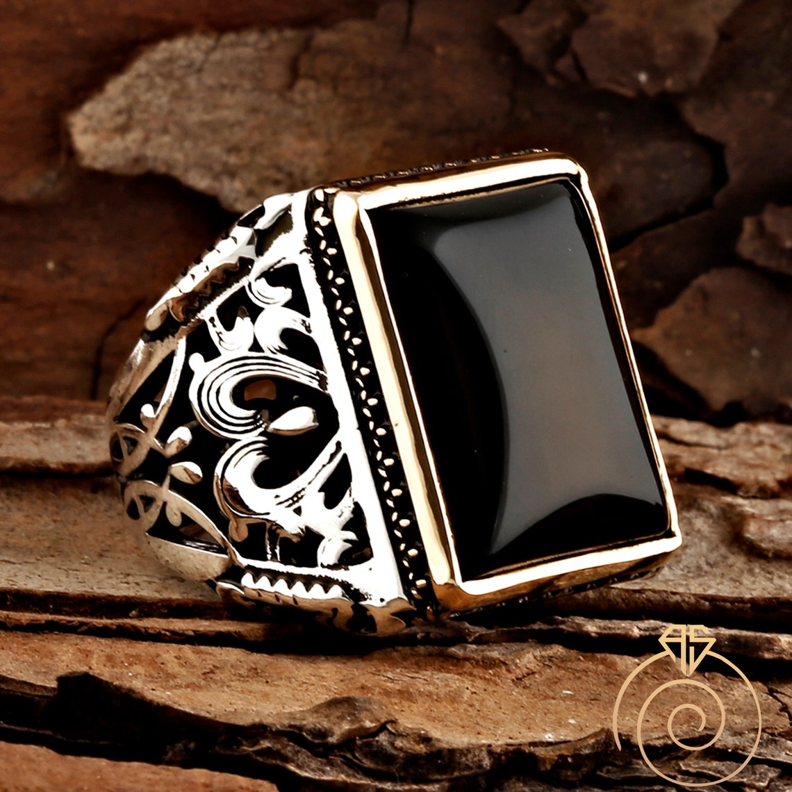 Mens Black Onyx Rectangle Ring Unique Engraved Cool Silver - Etsy