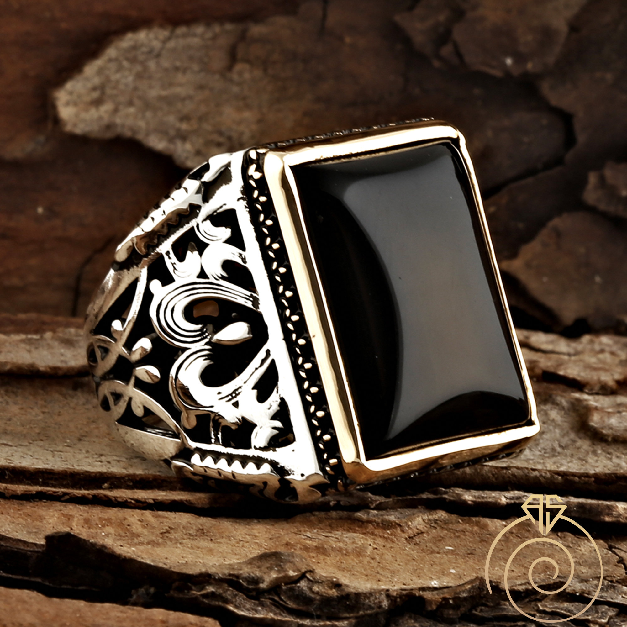 Mens Black Onyx Rectangle Ring Unique Engraved Cool Silver | Etsy