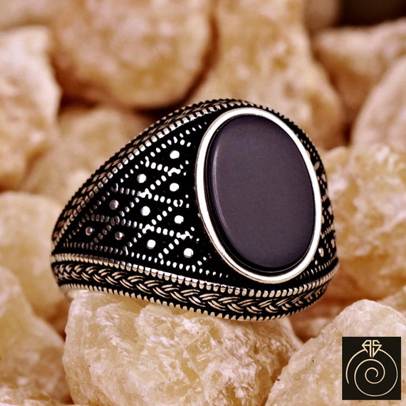 Mens Black Gemstone Cocktail Ring Custom Sterling Silver | Etsy