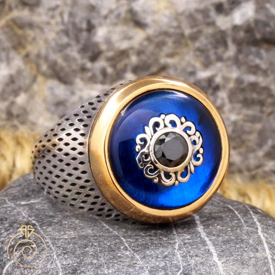 Mens Blue Stone Ring Vintage, Simple Round Sapphire Signet Ring, Cool ...