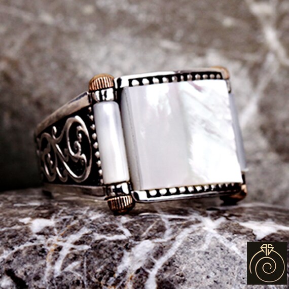 Mens White Gemstone Cocktail Ring Custom Sterling Silver | Etsy