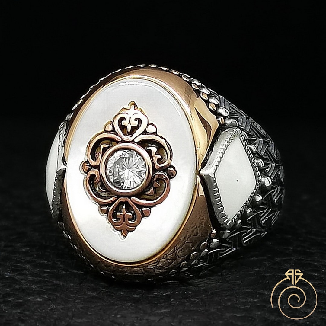 Mens White Gemstone Heraldic Ring, Custom Sterling Silver Mother of ...