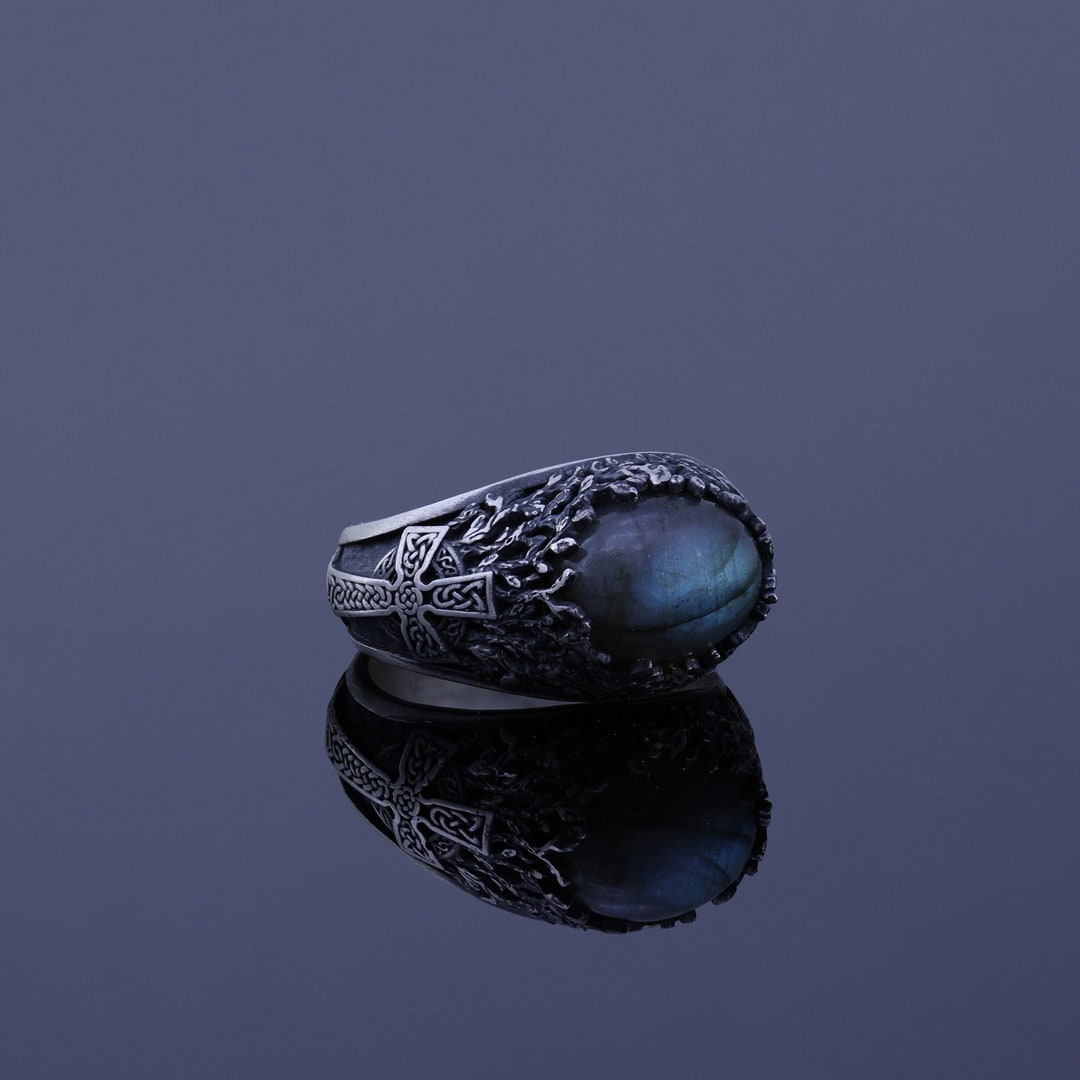 Yggdrasill Ring, Celtic Cross Ring, Genuine Labradorite Ring Vintage ...