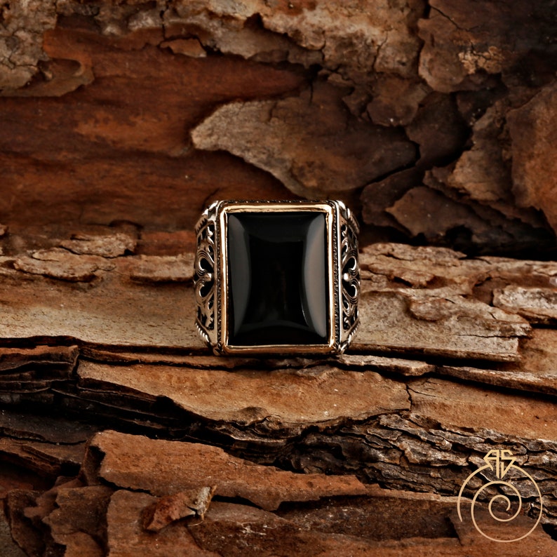 Mens Black Onyx Rectangle Ring Unique Engraved Cool Silver - Etsy