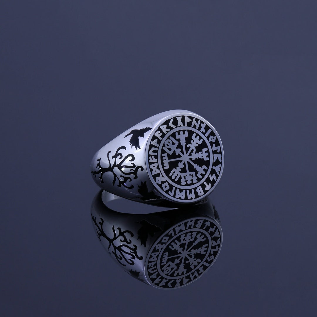 Vegvisir Ring Viking Compass Ring Raven Engraved Silver Jewelry ...