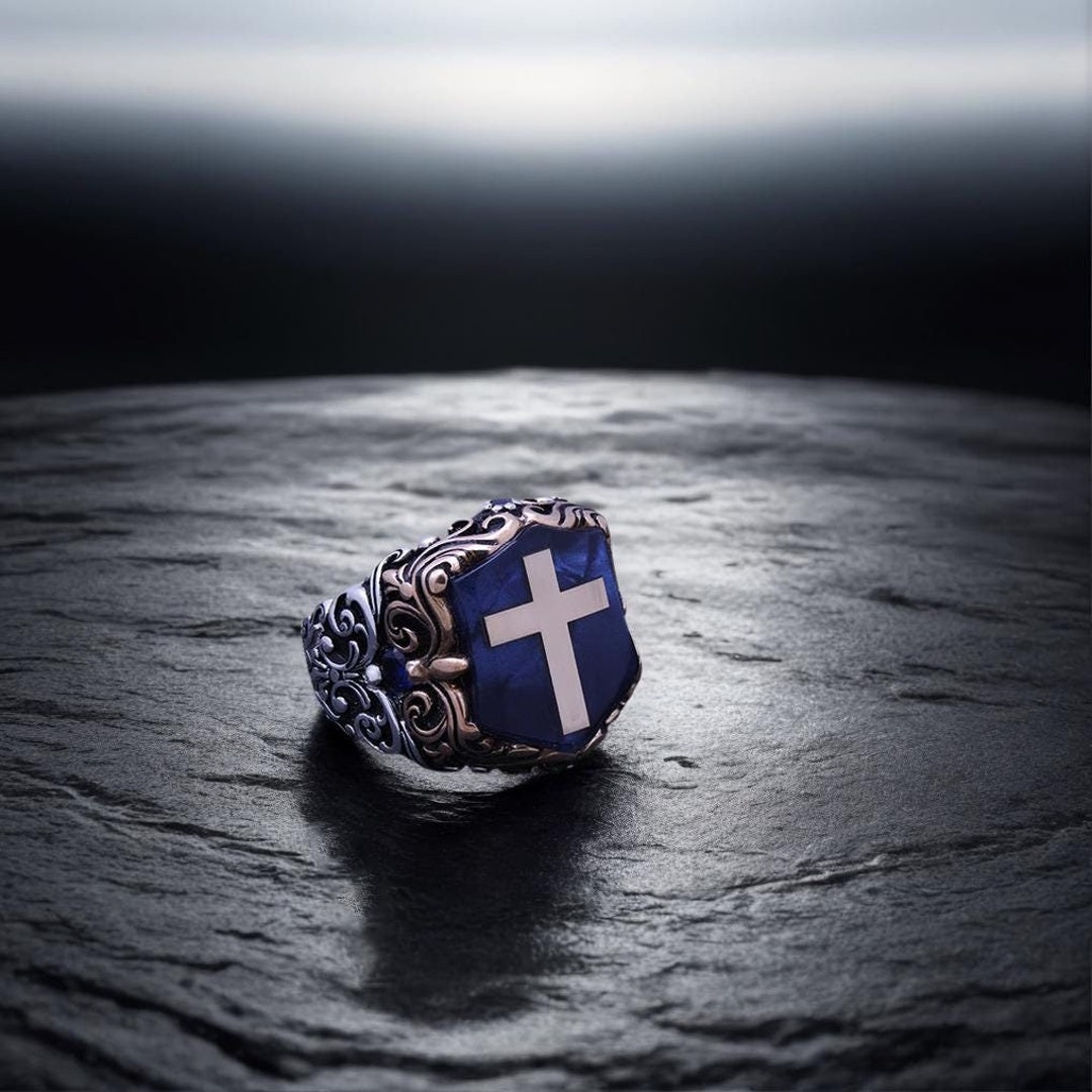 Mens Christian Ring Christianity Cross Blue Pearl Stone Jewelry Jesus ...