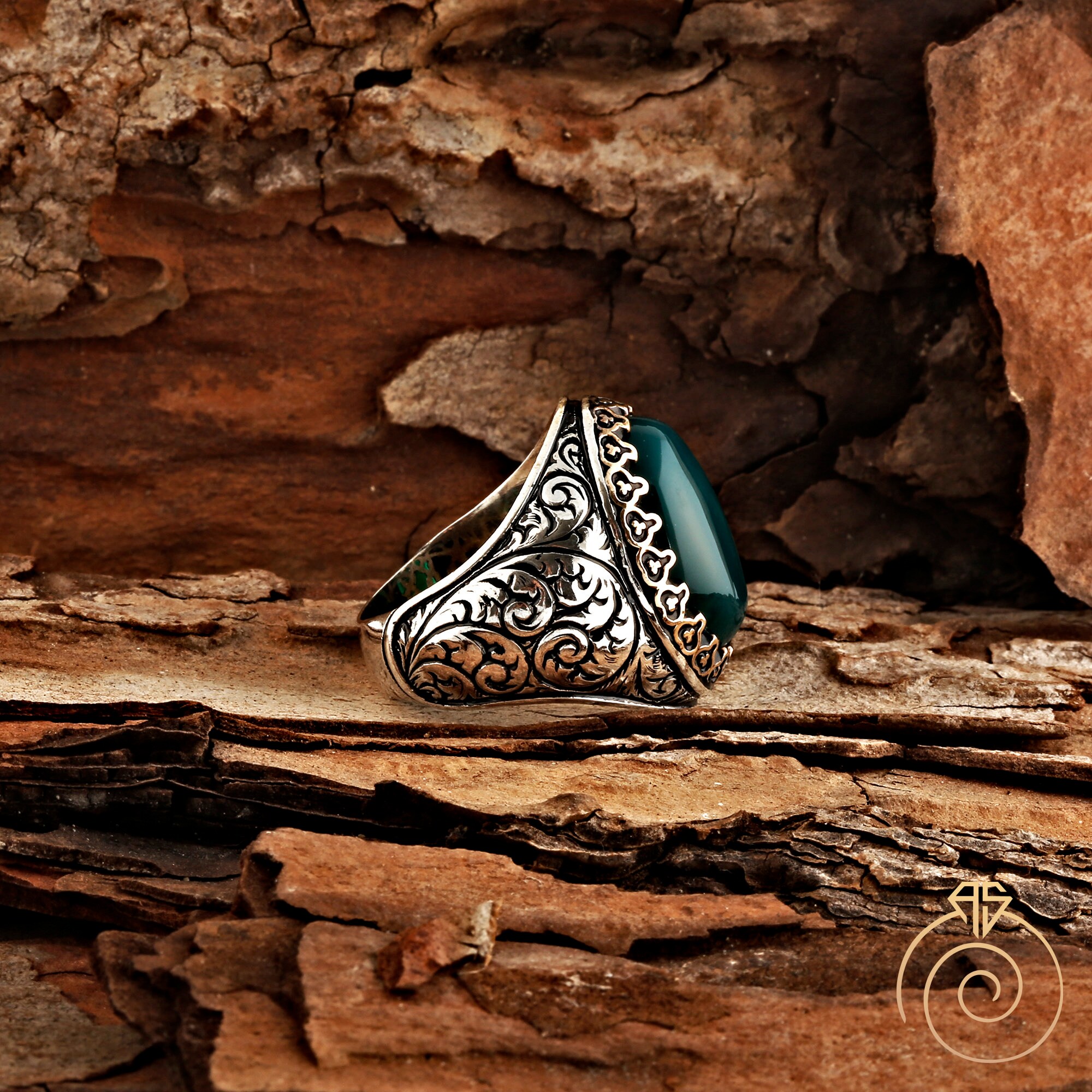Unique Curved Mens Aqeeq Gemstone Occult Ring Custom Silver - Etsy