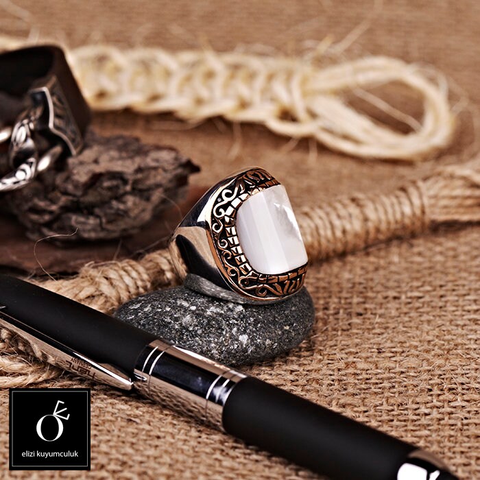 Mens White Gemstone Cocktail Ring Sterling Silver Mother Of | Etsy