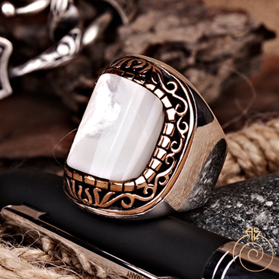 Men’s White Gemstone Cocktail Ring, Sterling Silver Mother of Pearl ...