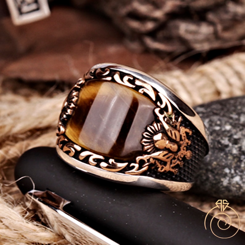 Mens Brown Tiger Eye Wedding Band Vintage Heraldic Sterling - Etsy