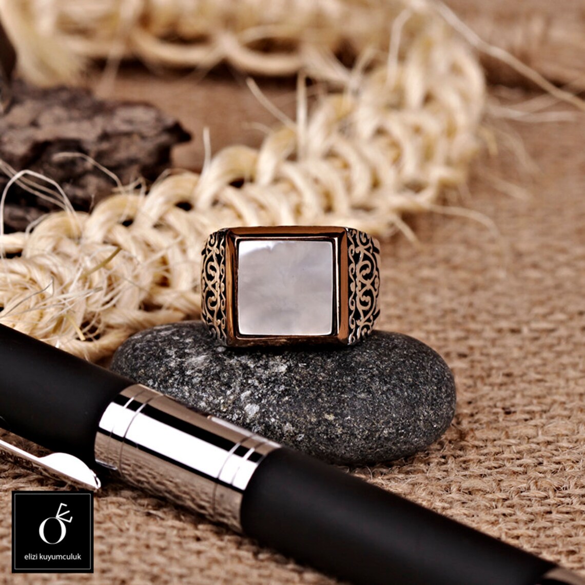 Mens White Pearl Anniversary Ring Engraved Sterling Silver | Etsy