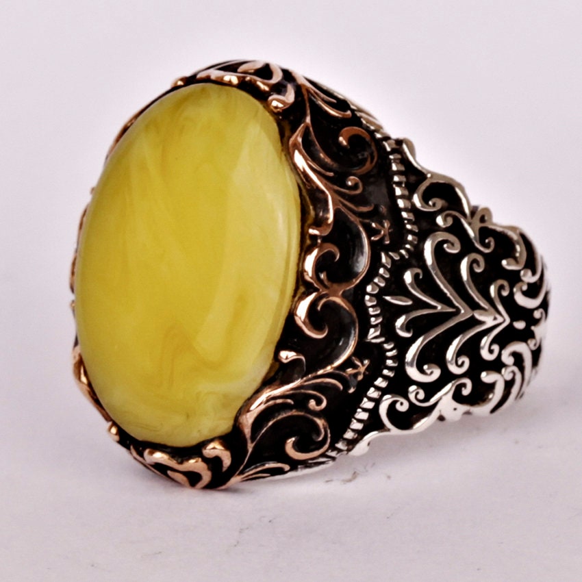 Men's Amber Ring Unique Engraved Sterling Silver Gemstone | Etsy
