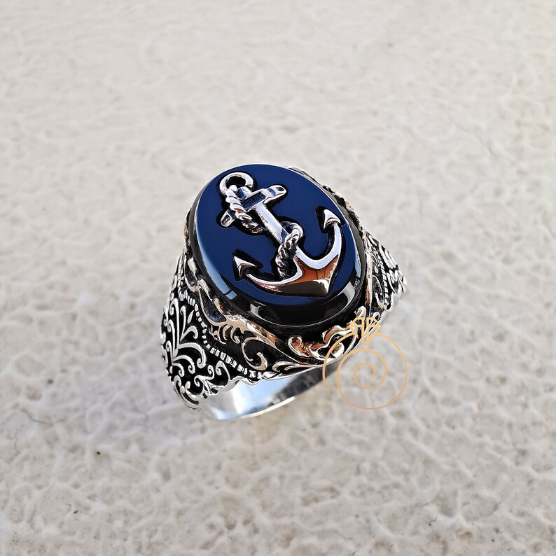 Men Silver Sailor Anchor Statement Ring Black Onyx Gemstone - Etsy