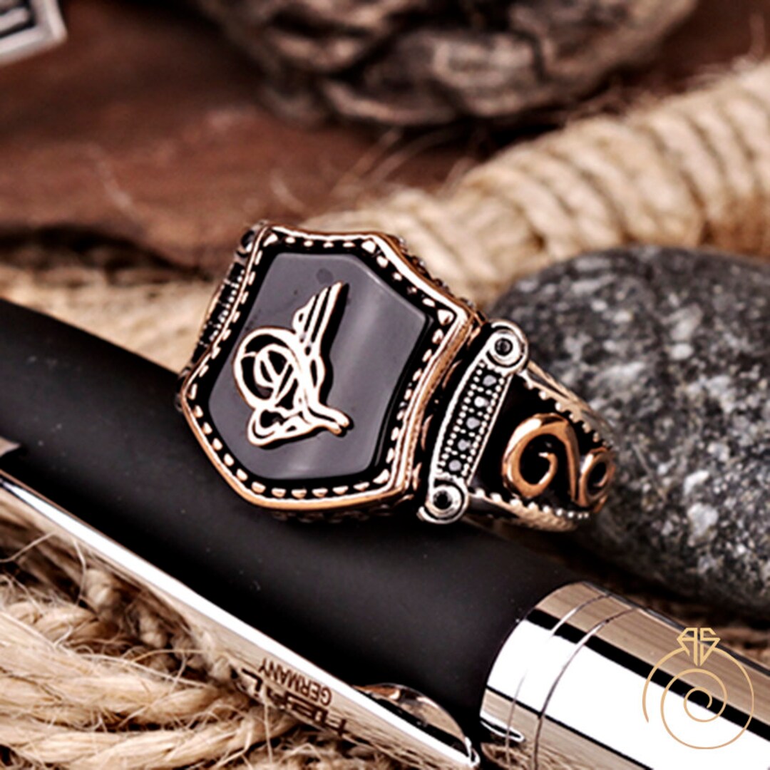 Men’s Black Gemstone Shield Ring, Custom Symbol Onyx Statement Band ...