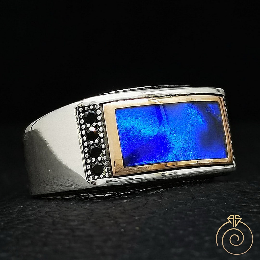 Men’s Blue Ocean Stone Anniversary Ring, Sterling Silver Unique Mens ...