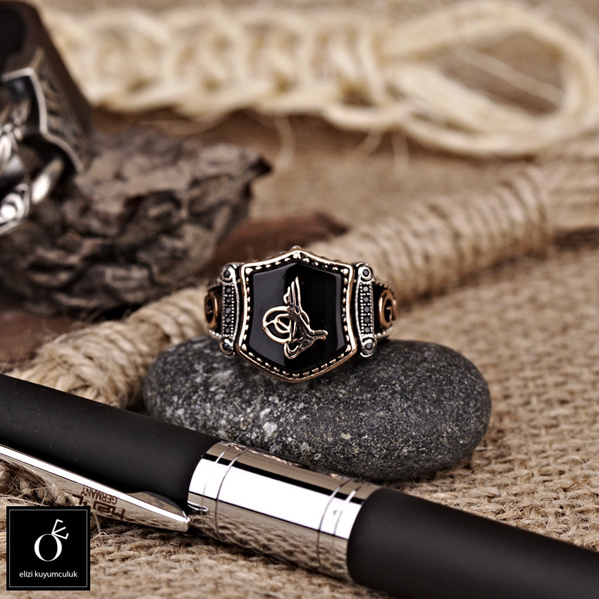 Mens Black Gemstone Shield Ring Custom Symbol Onyx Statement - Etsy