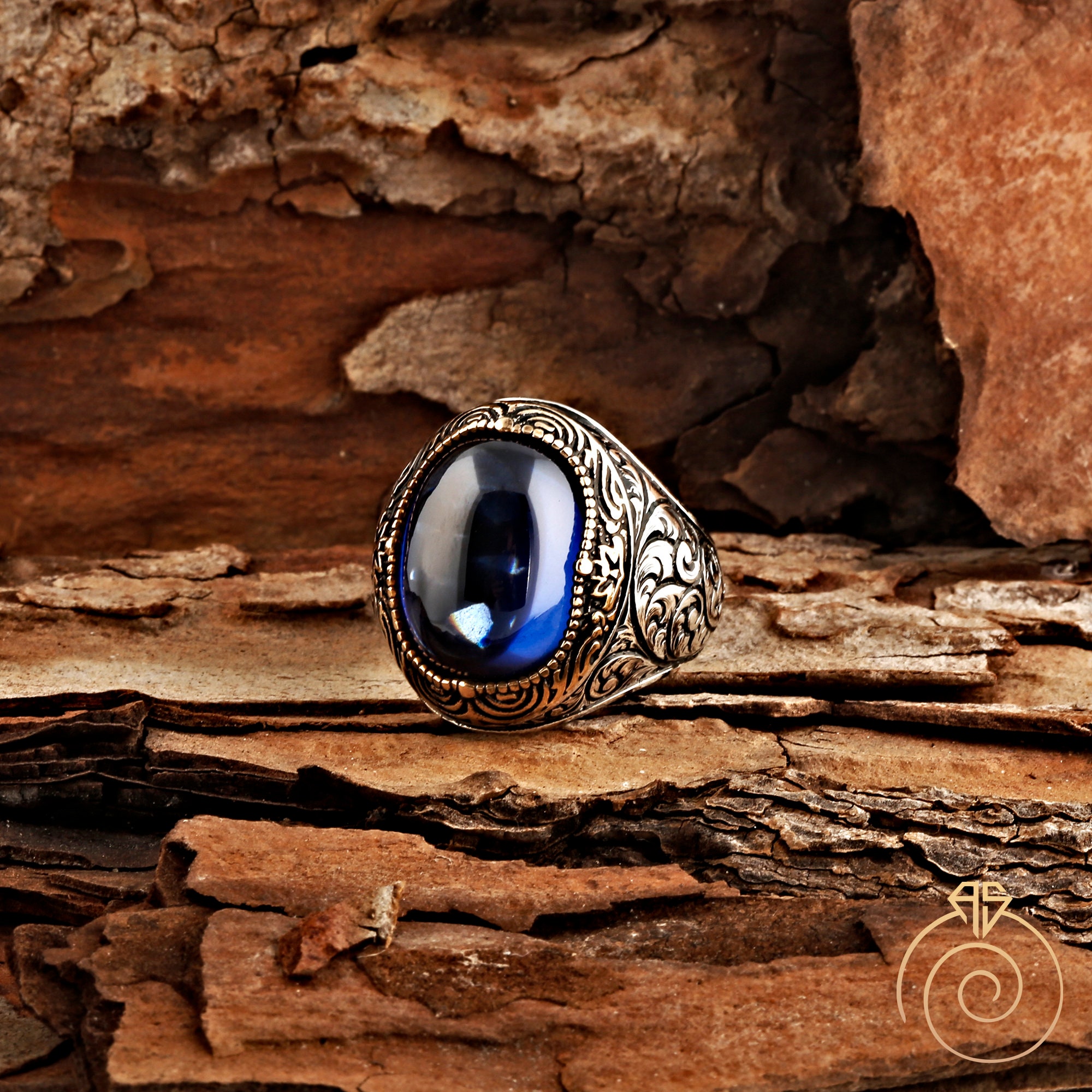 Men's Sapphire Avant Garde Curved Blue Stone Rings for Men Vintage ...