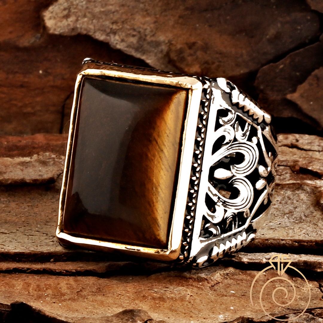 Unique Mens Gemstone Tigers Eye Ring, Cool Rings for Men Brown Stone ...