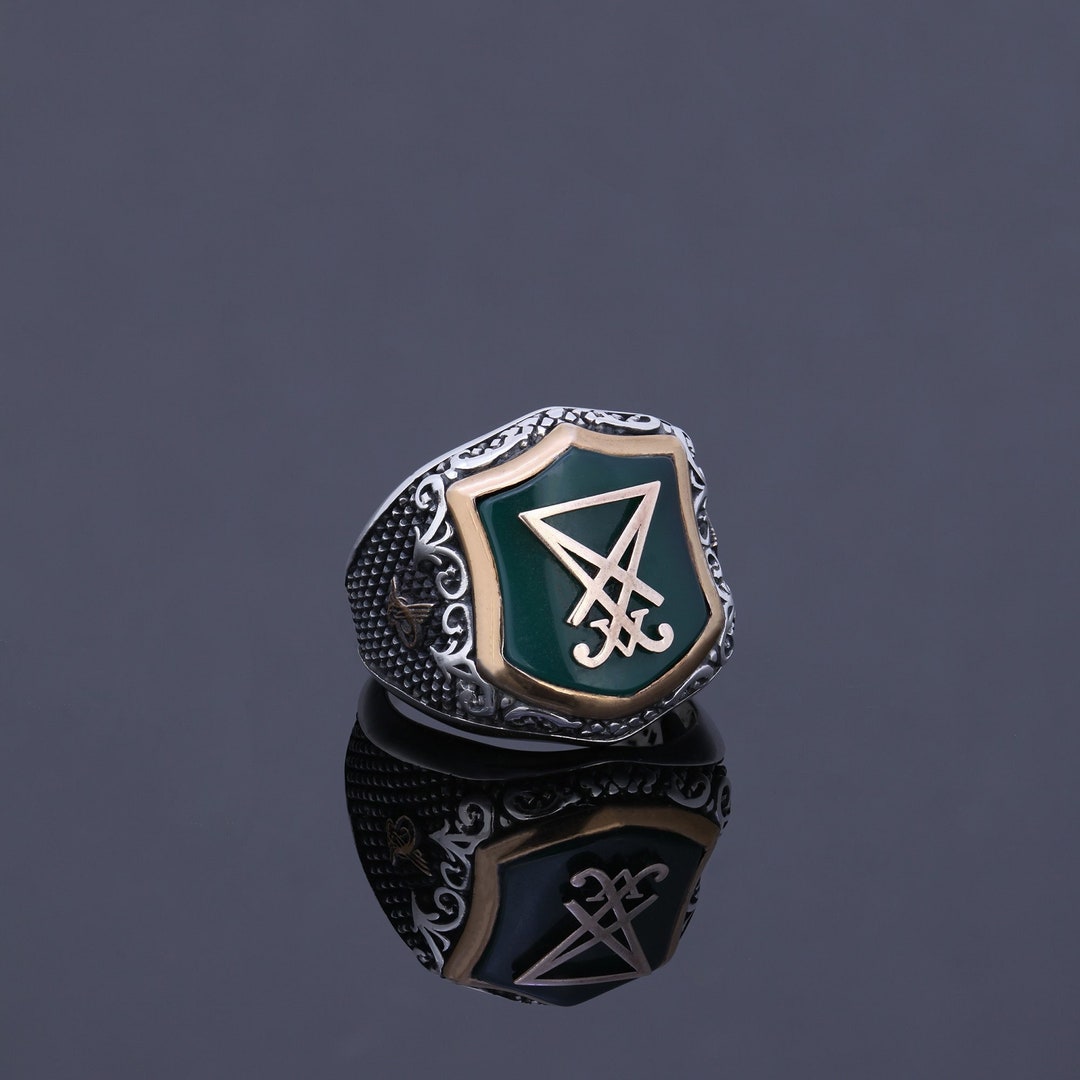 Unique Mens Sigil of Lucifer Ring for Men Green Agate Gemstone Man ...