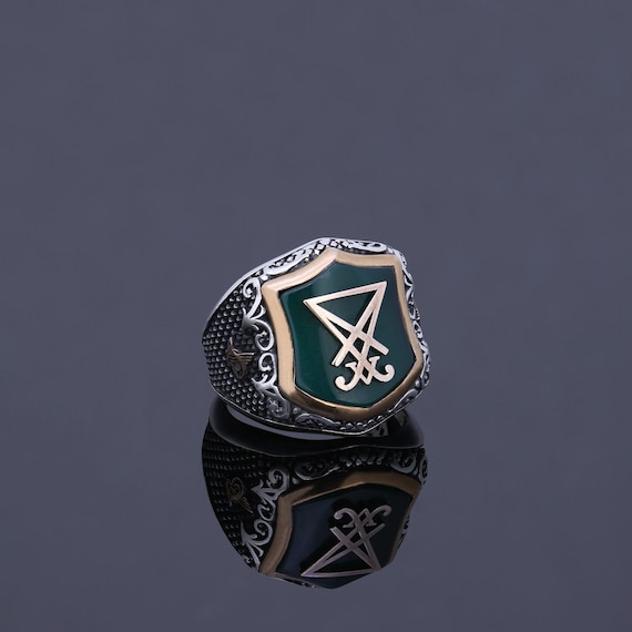 Unique Mens Sigil of Lucifer Ring for Men Green Agate Gemstone | Etsy