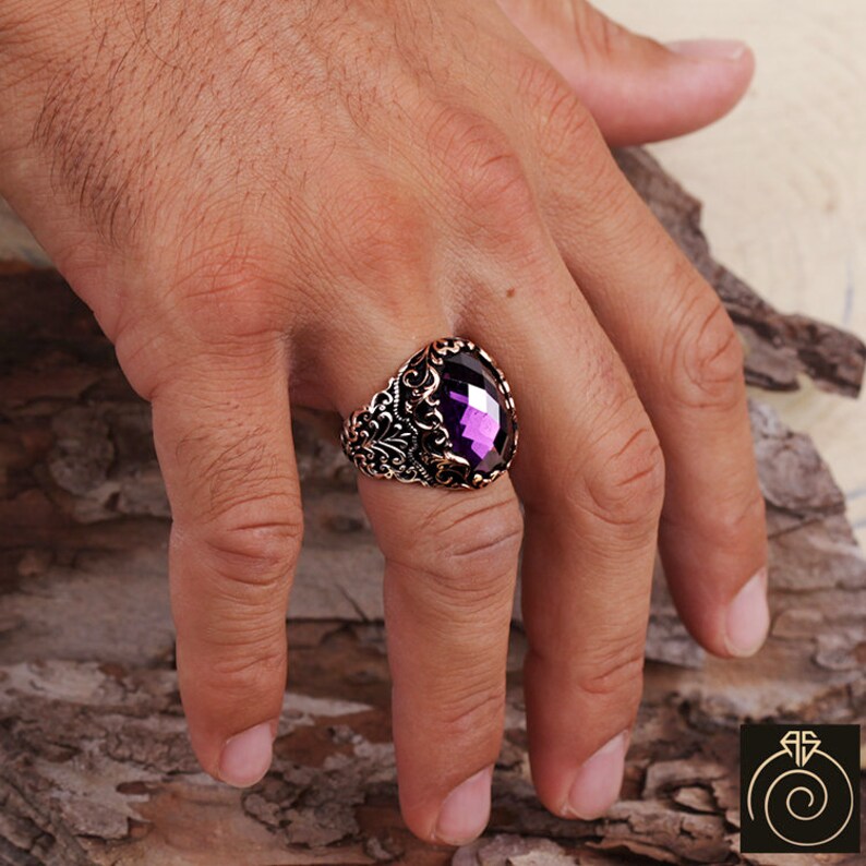 Mens Unique Rings Amethyst Engraved Ring for Men Black Man - Etsy