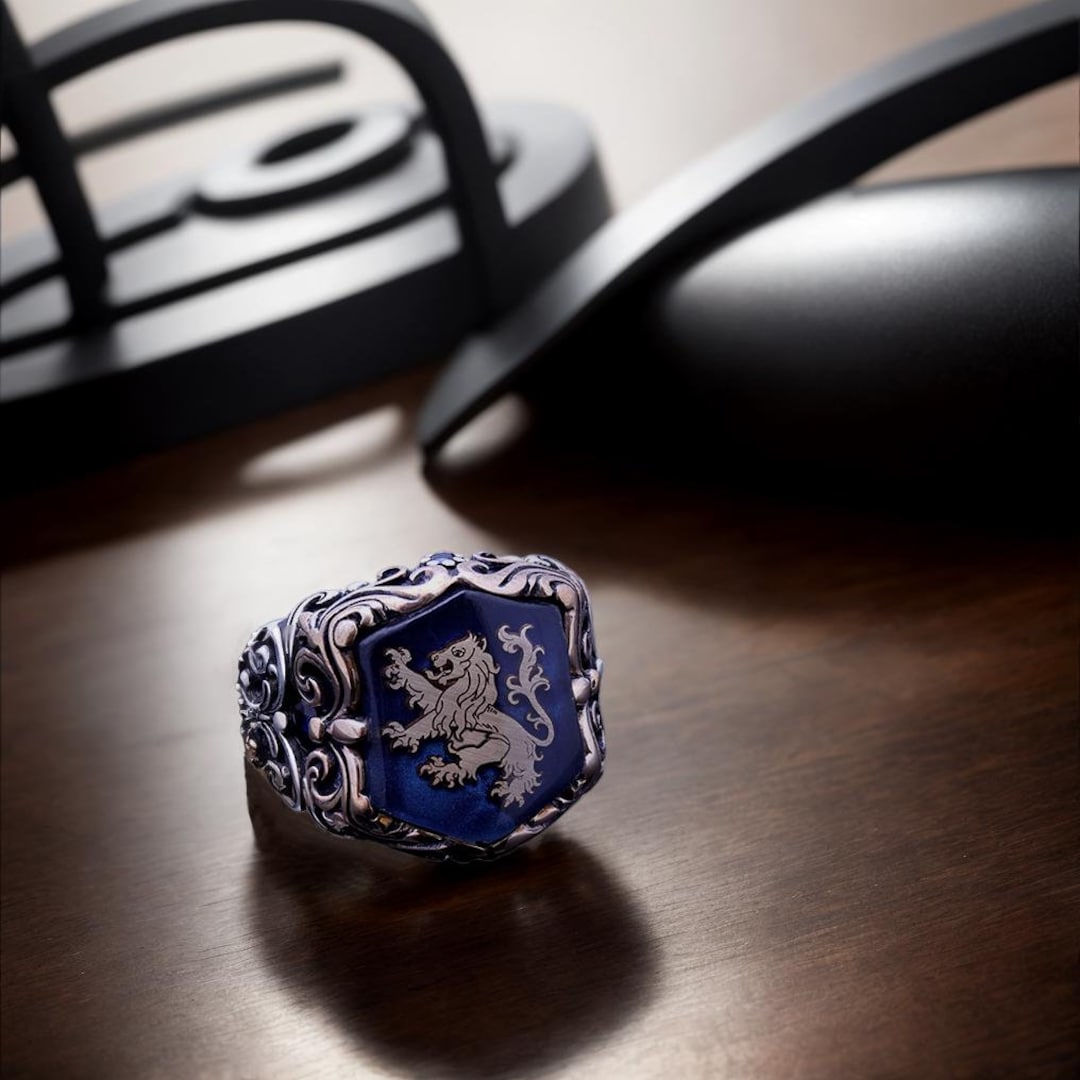 Mens Lion Rampant Ring, Exclusive Scottish Ring, Blue Pearl Stone ...