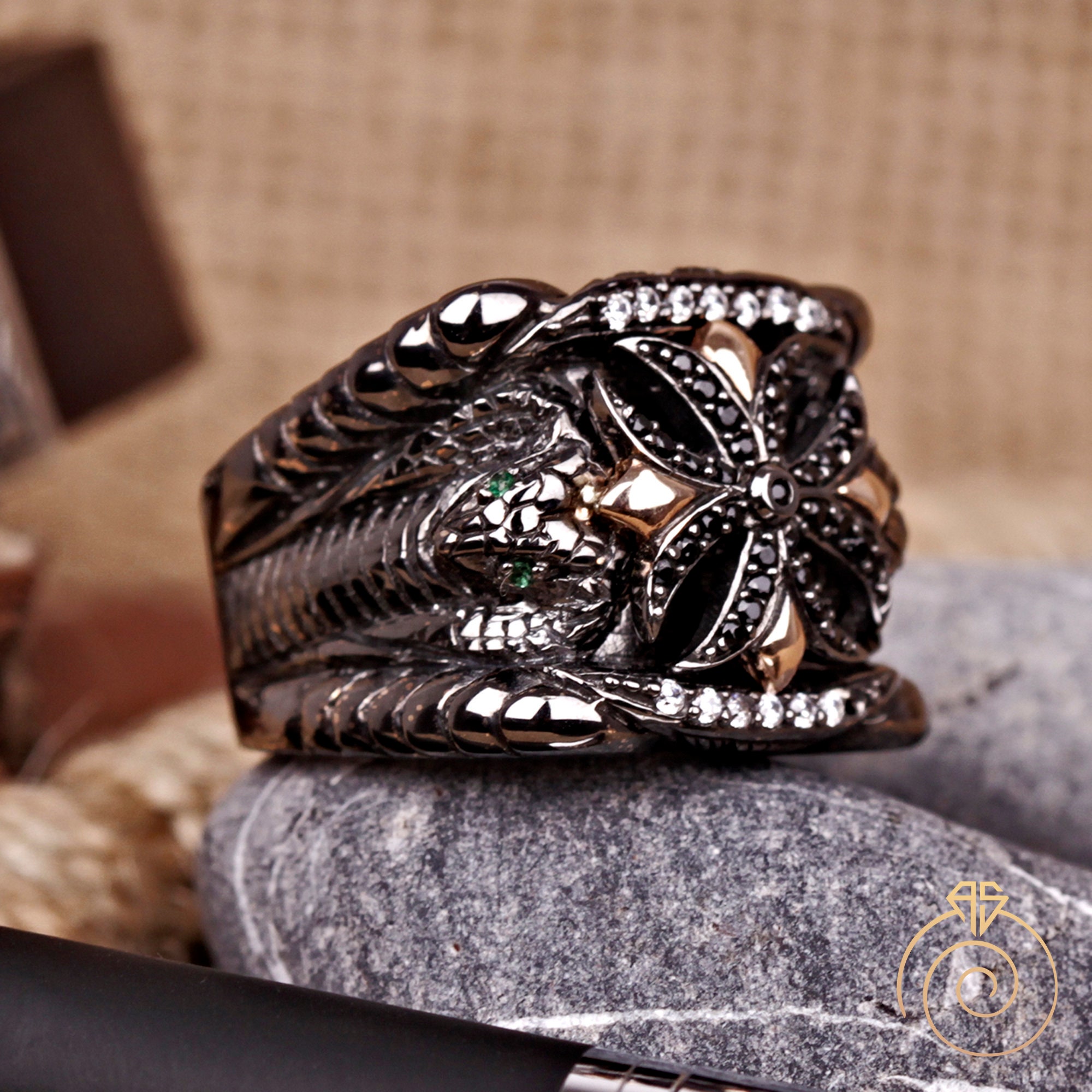 Mens Black Goth Ring Stunning Cross Design Silver Ring Cobra | Etsy