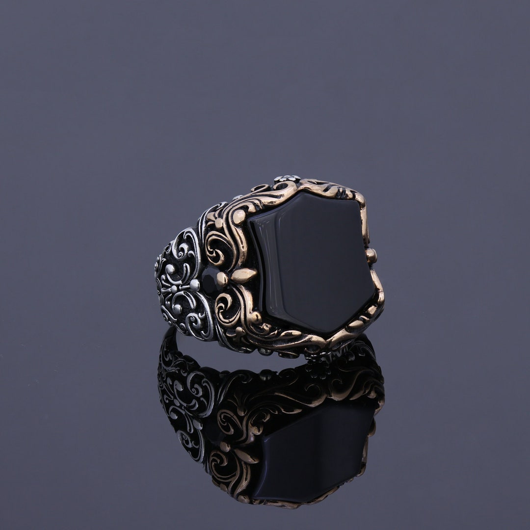 Mens Onyx Heraldic Statement Ring Silver Black Gemstone Shield Onix ...