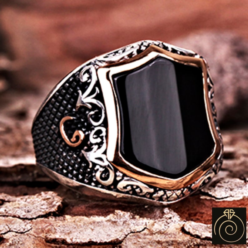 Mens Onyx Silver Cocktail Shield Protection Ring Classy Black - Etsy