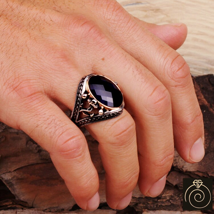 Mens Sapphire Seaman Silver Nautical Engagement Ring Maritime | Etsy