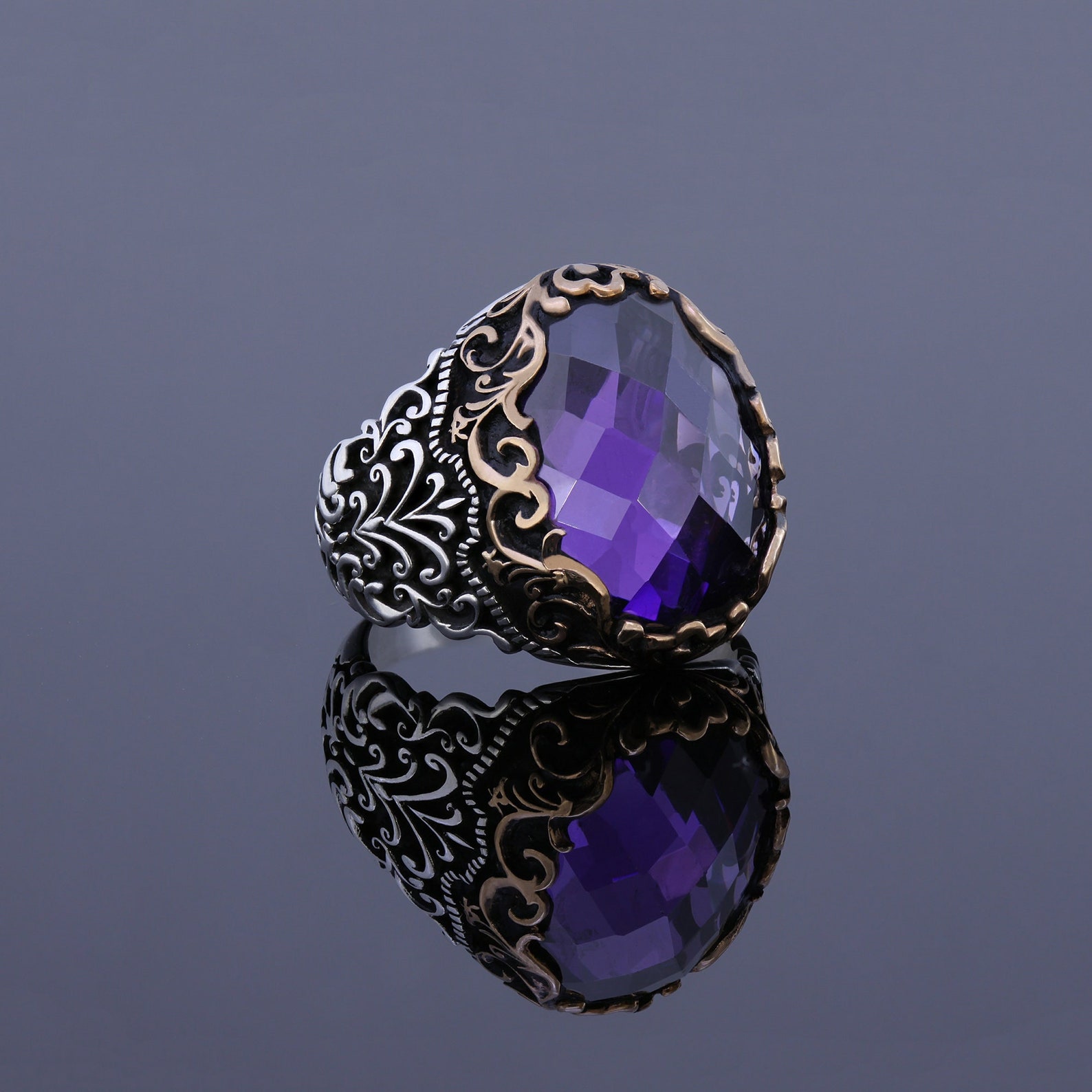 Mens Unique Rings Amethyst Engraved Ring for Men Black Man - Etsy