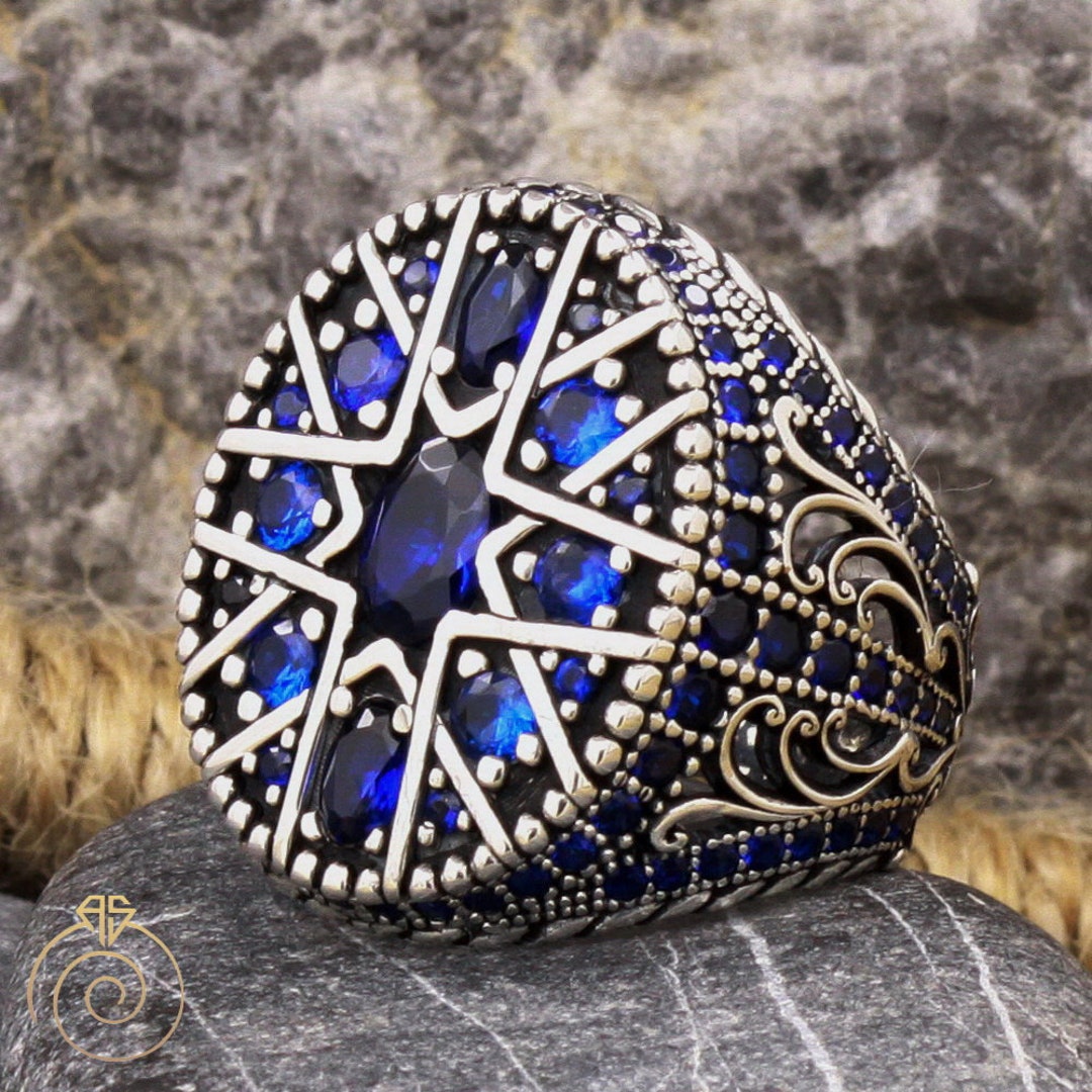 Mens Multi Stone Ring, Sapphire Blue Stone Spiral Design Silver Ring ...