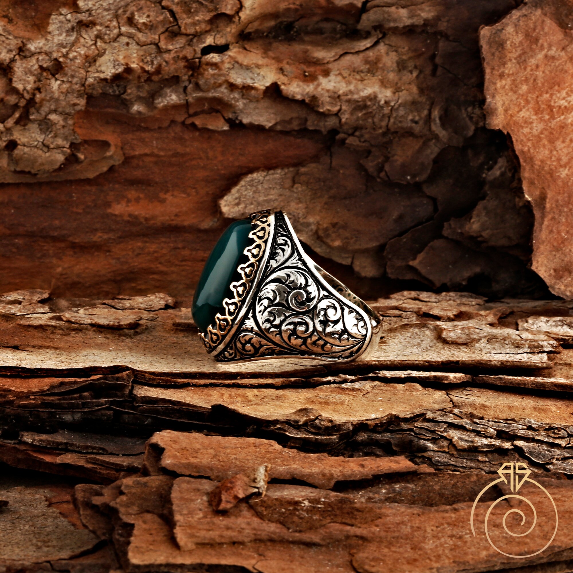 Unique Curved Mens Aqeeq Gemstone Occult Ring Custom Silver - Etsy