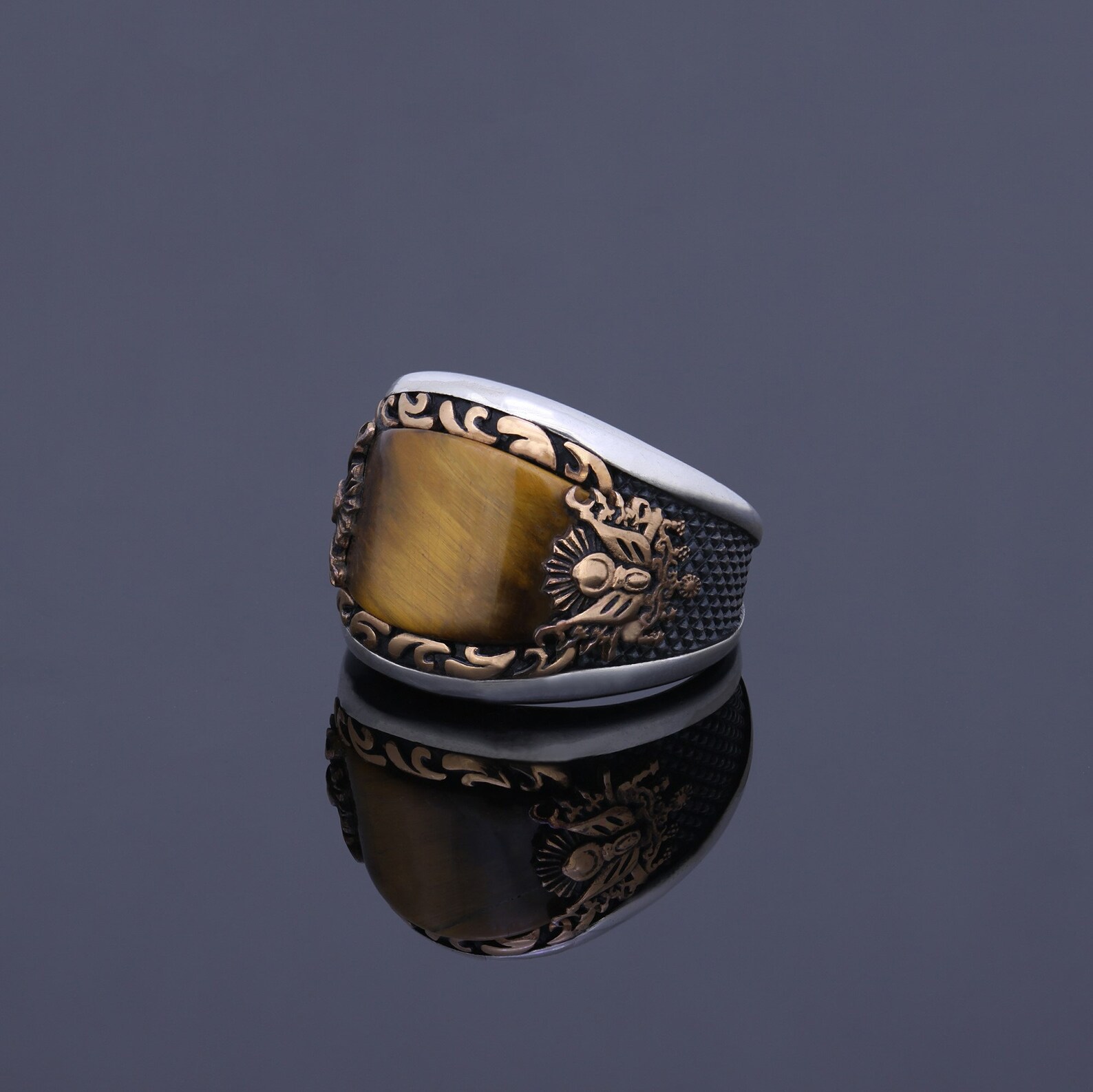 Mens Brown Tiger Eye Wedding Band Vintage Heraldic Sterling - Etsy