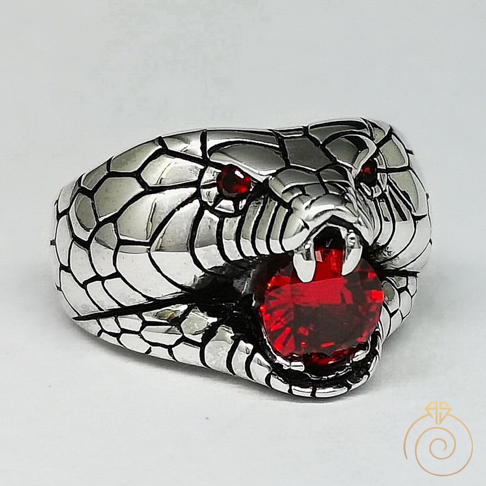 Mens Snake Head Ring Cobra Design Silver Fancy Animal Signet Ruby Cool ...