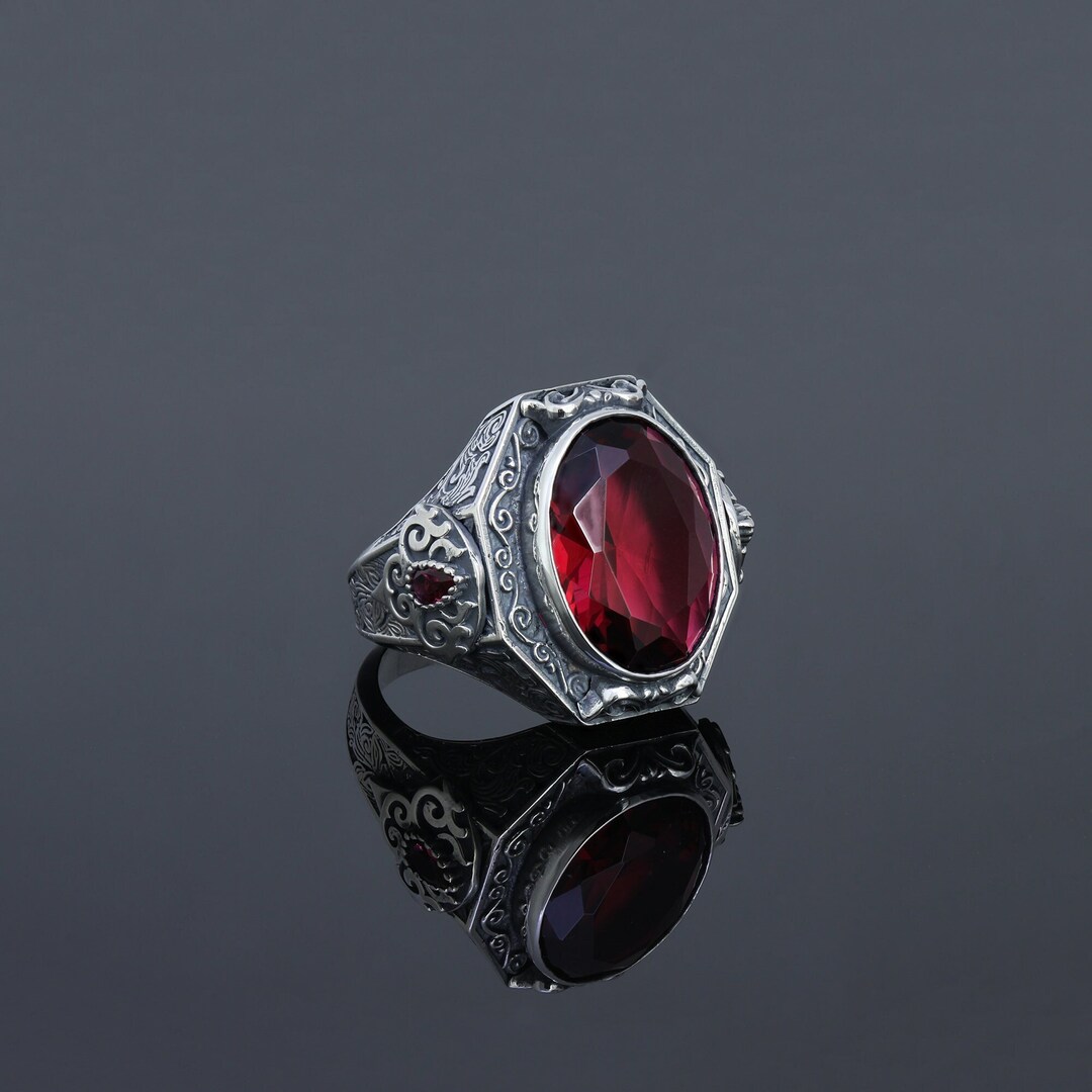 Men's Ruby Gemstone Ring,baroque Ornament Anniversary Ring, Medieval Silver Engagement Jewelry ...